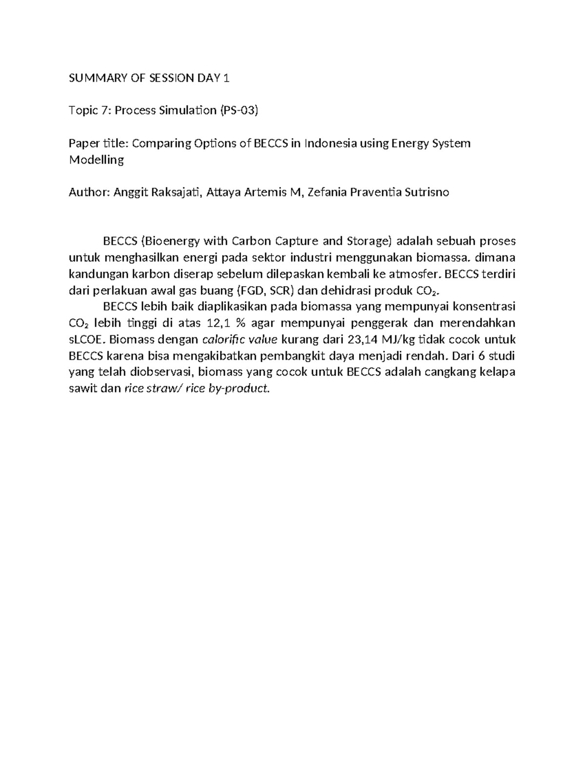 Summary of Session Day 1: PS-03 - BECCS in Indonesia Analysis - Studocu
