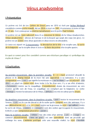 Vénus Anadyomène - Arthur Rimbaud - Analyse linéaire - Vénus Anadyomène ...