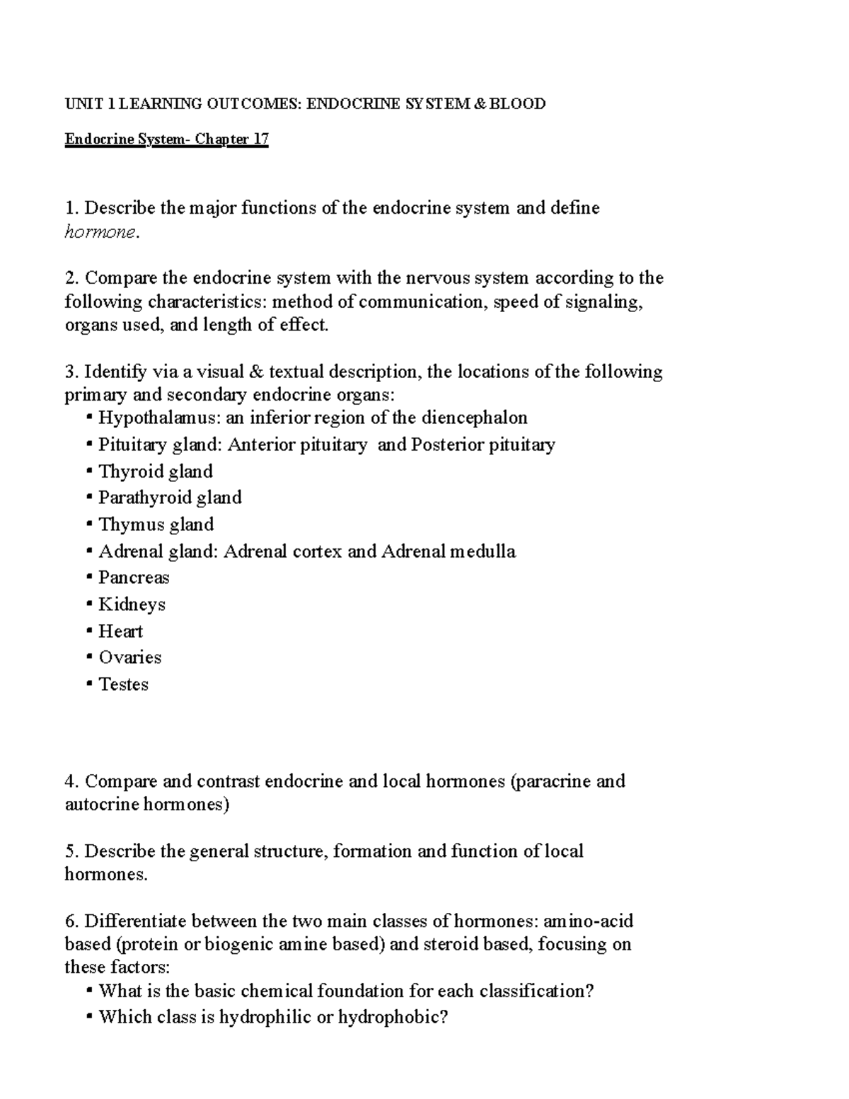Unit 1 Learning Outcomes: Endocrine System & Blood Overview - Studocu