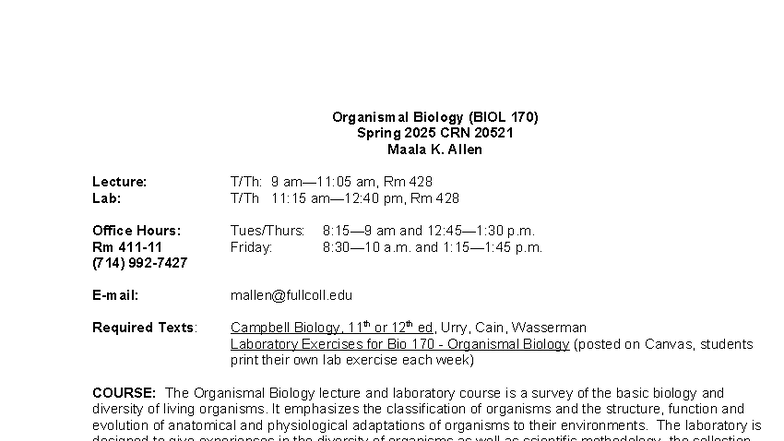 Organismal Biology (BIOL 170) Syllabus & Study Guide Spring 2025 - Studocu