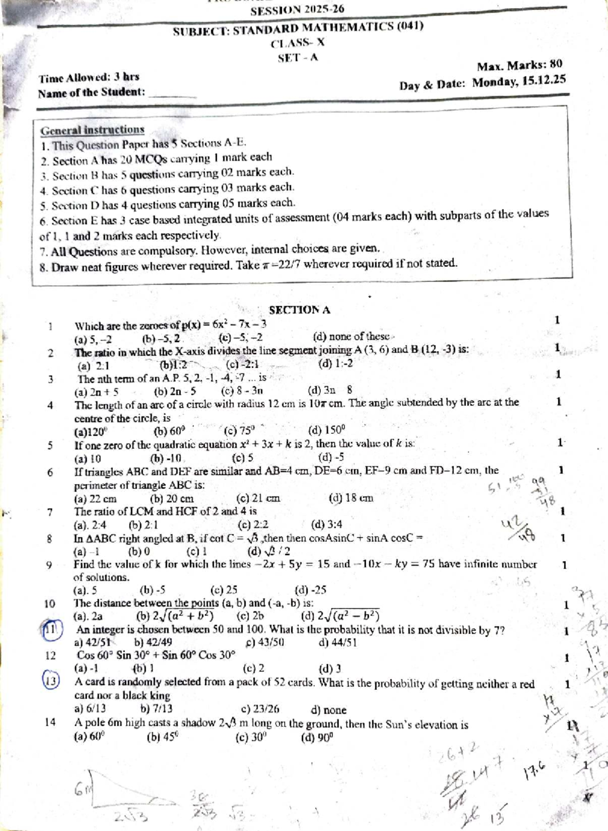 Standard Mathematics (041) Set A - Question Paper for Final Exam - Studocu