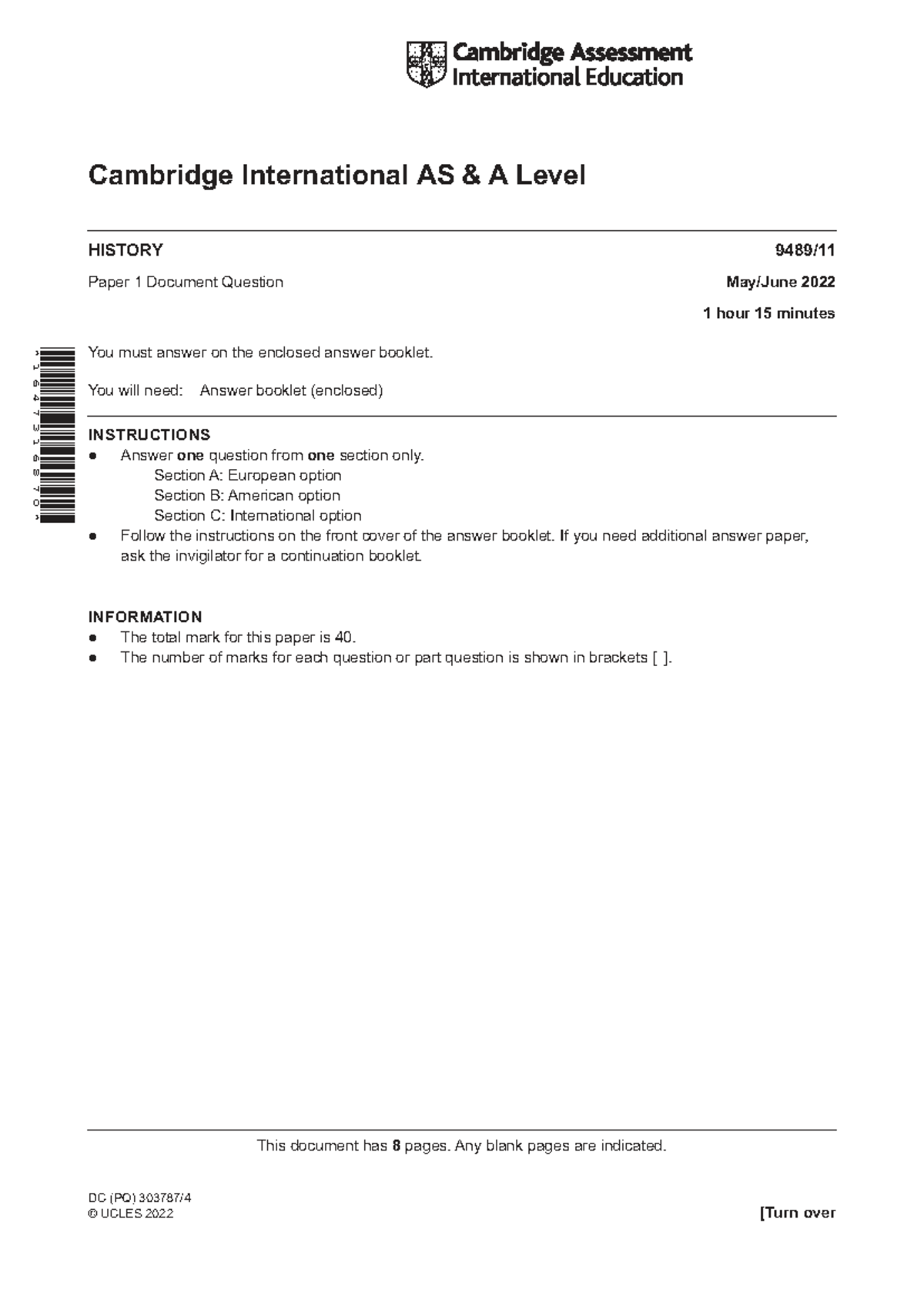 Cambridge International AS A Level HISTORY Paper 1 Past Exam Questions ...