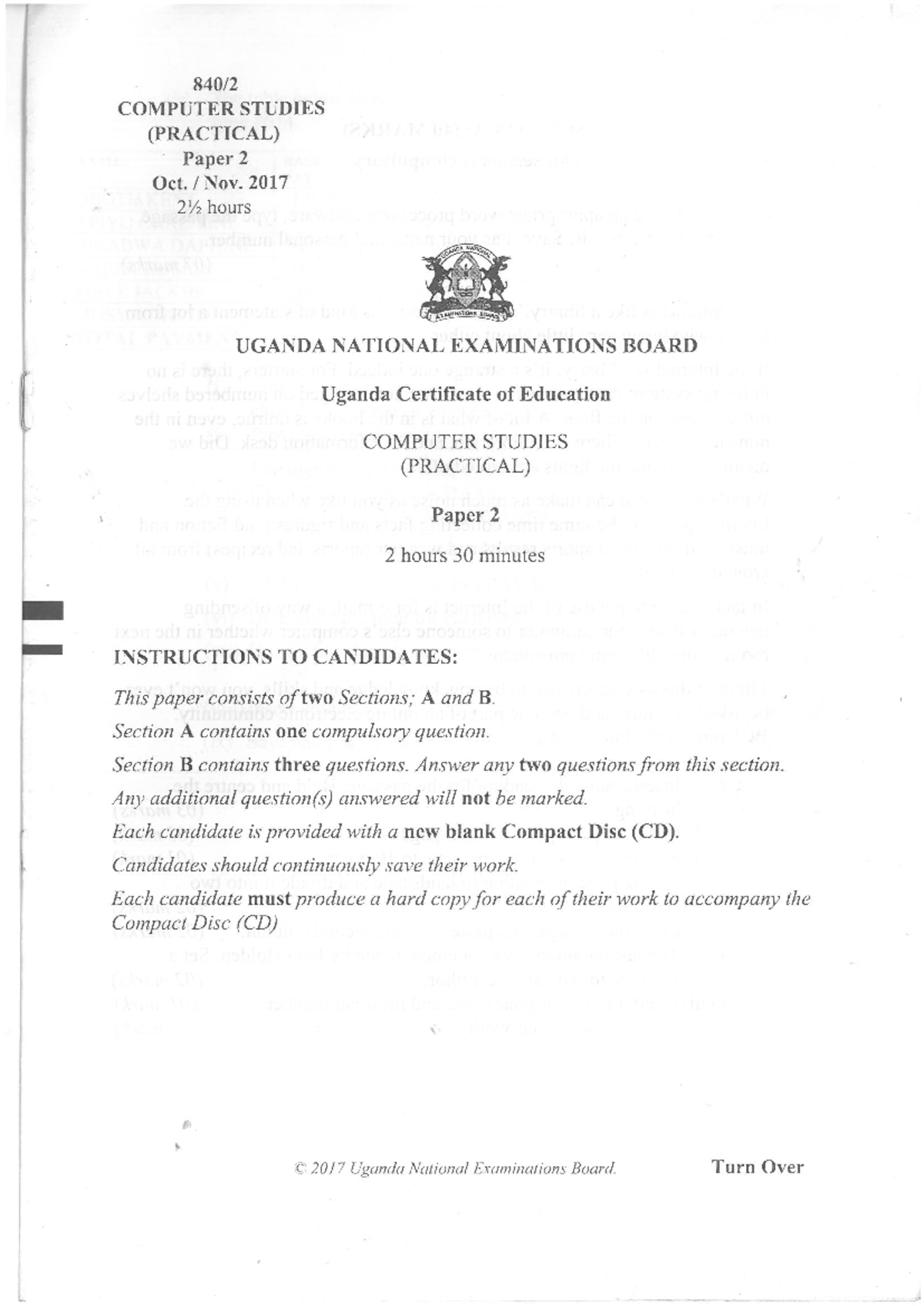 Computer Studies (Practical) Paper 2 UCE UNEB Past Exam 2017 - Studocu