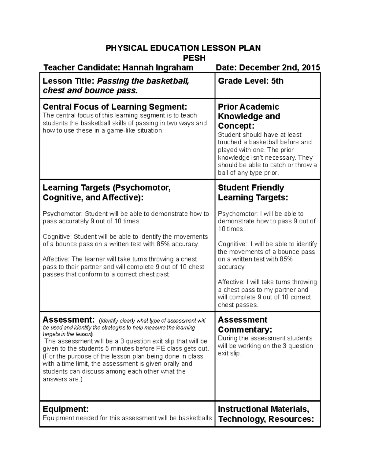 PE Lesson Plan: Basketball Skills for 5th Grade (Passing Focus) - Studocu