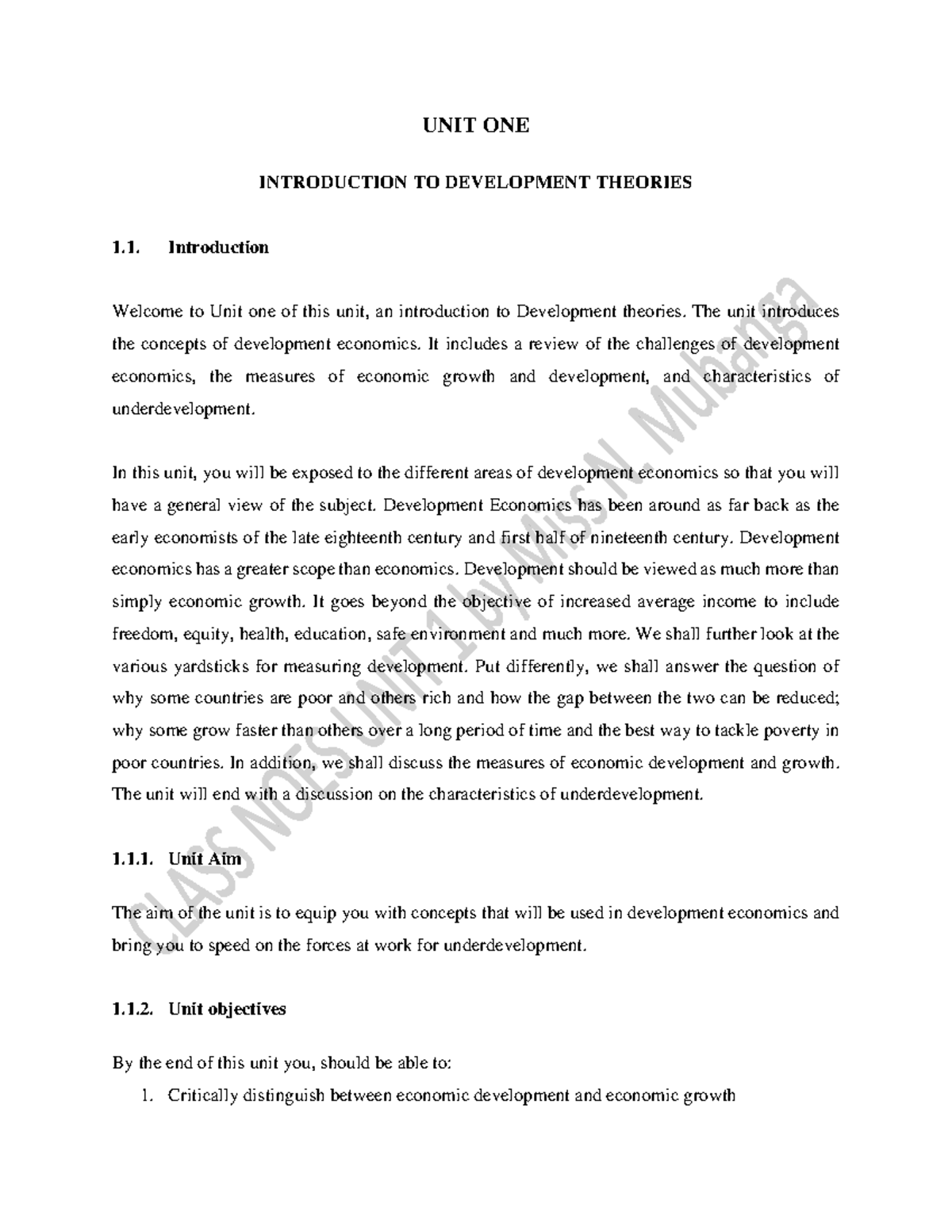 Class Notes UNIT 1. Intoduction to Development Theories - UNIT ONE ...