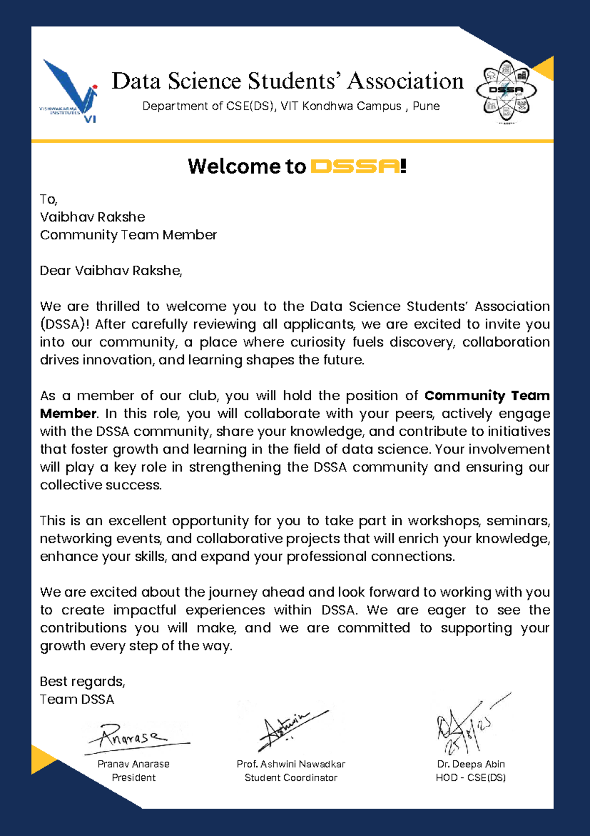 DSSA Welcome Letter for Vaibhav Rakshe - CSE(DS) - Studocu