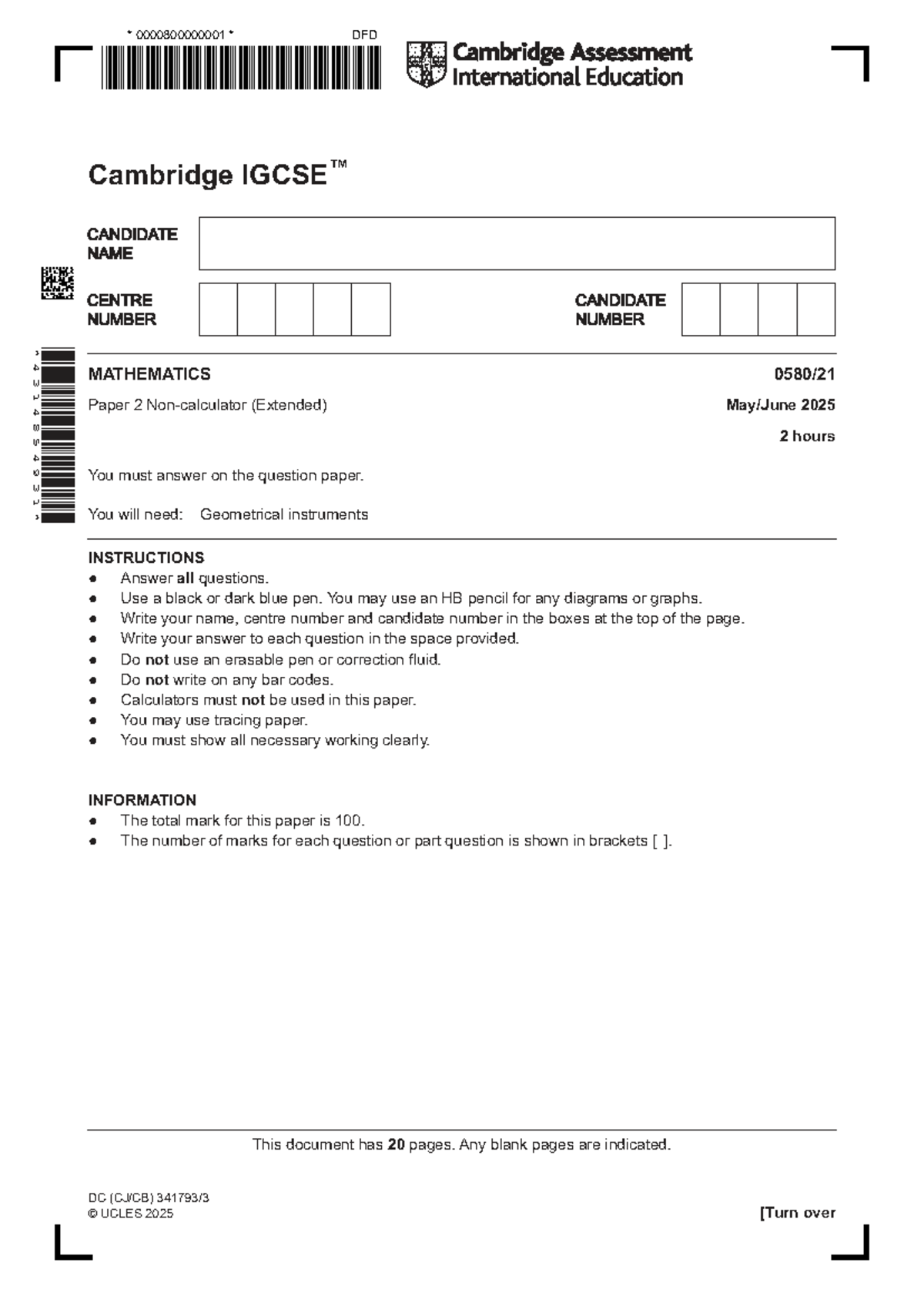 0580/21 Mathematics Paper 2 (Extended) June 2025 QP - Studocu