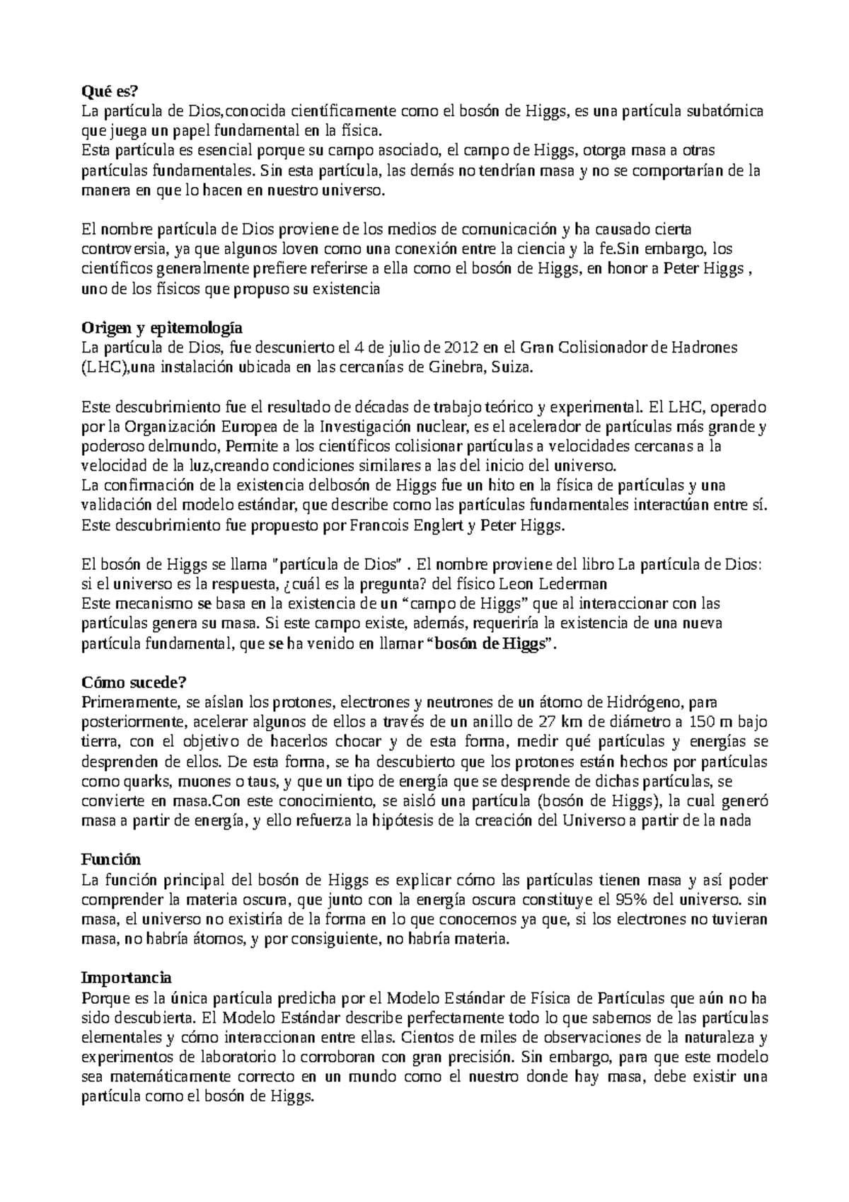La Partícula de Dios: Bosón de Higgs y su Importancia en Física - Studocu