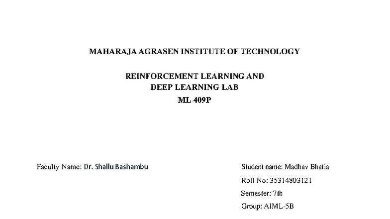 Reinforcement Learning and Deep Learning Lab Notes (IT 7th Sem) - Studocu