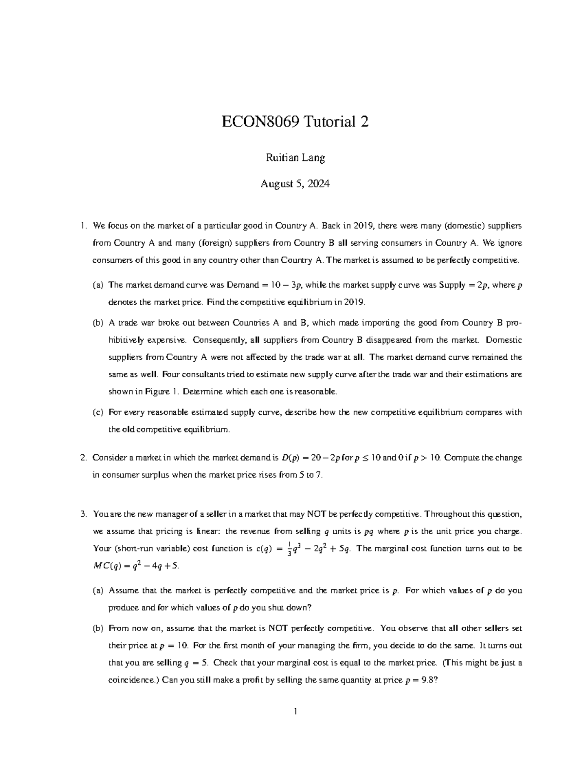 ECON8069 Tutorial 2: Q&A on Market Competition & Consumer Surplus - Studocu