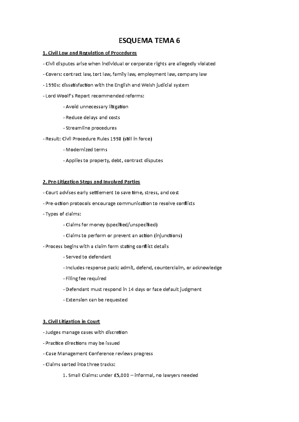 Esquema TEMA 6: Civil Law & Procedure Overview - Studocu
