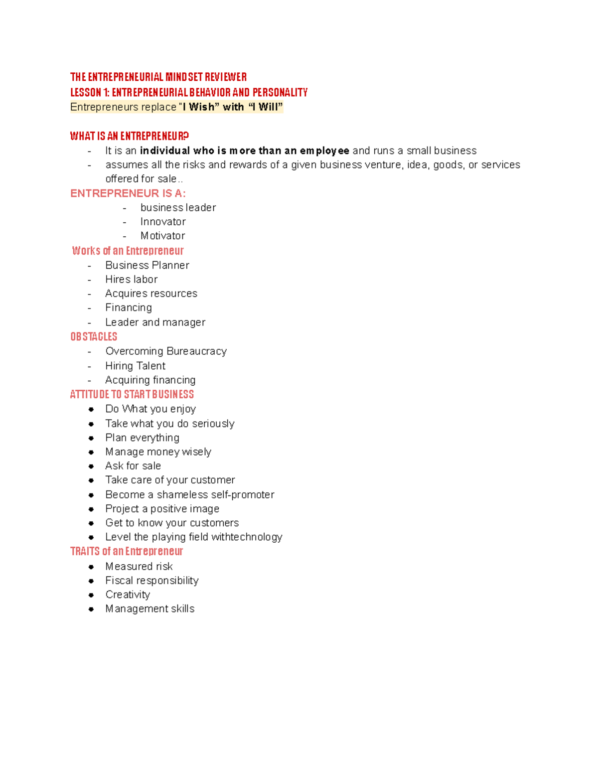 ENTREPRENEURIAL MINDSET REVIEWER (LESSON 1): WHAT IS AN ENTREPRENEUR ...