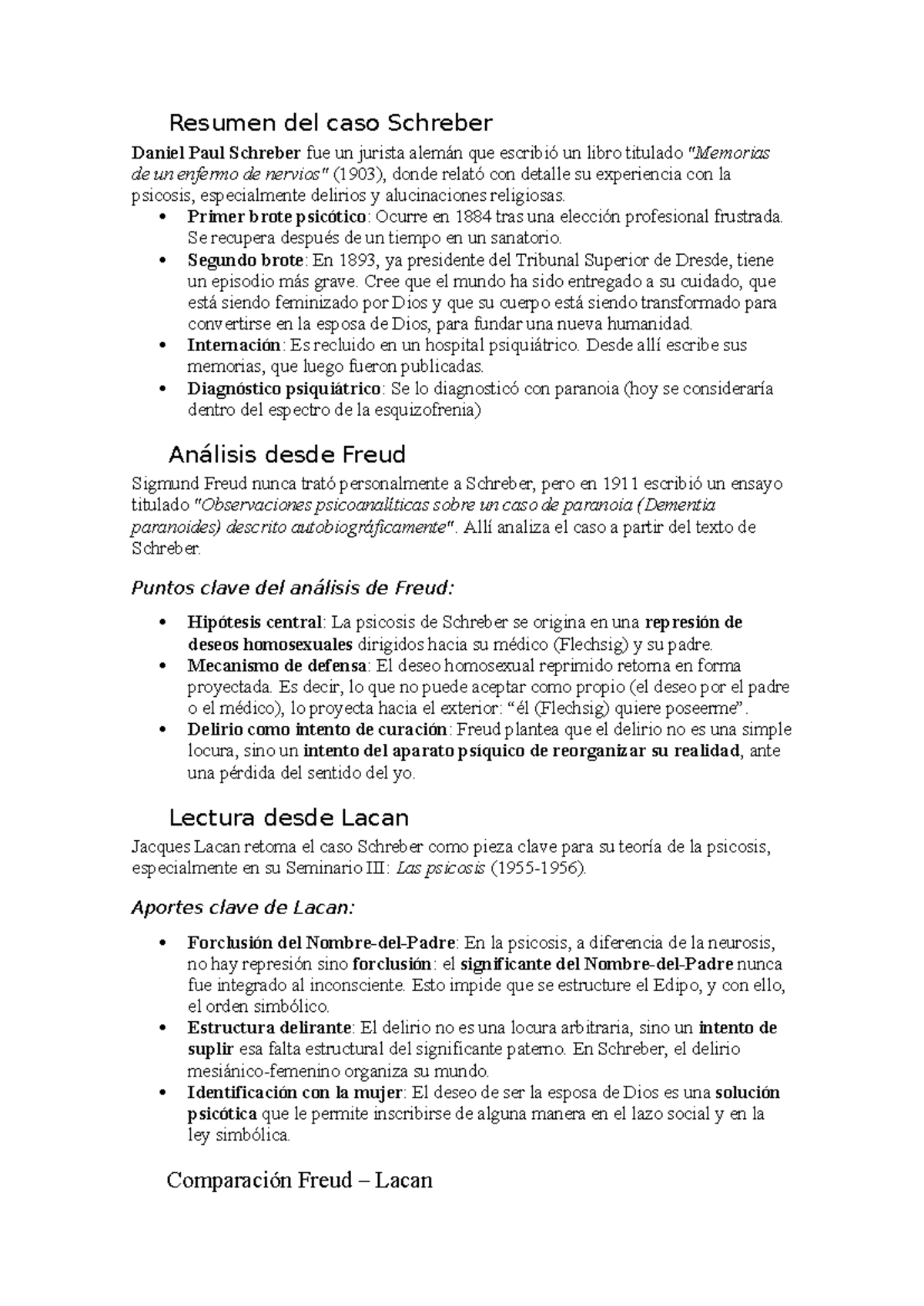 CASO Schreber: Análisis Psicoanalítico de Freud y Lacan - Studocu