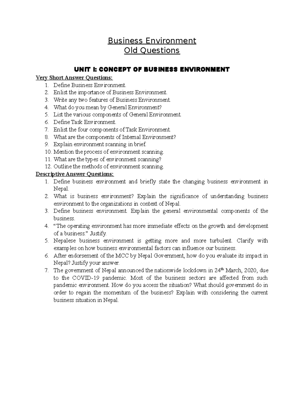 Business Environment: Old Questions for BBA 101 Study Guide - Studocu