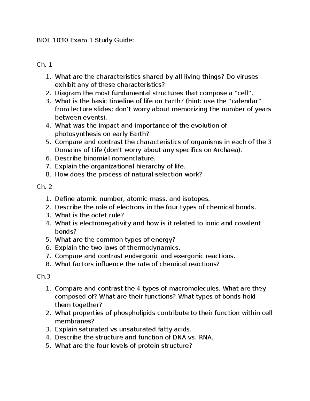 BIOL 1030 Exam 1 Study Guide: Key Concepts & Topics F25 - Studocu