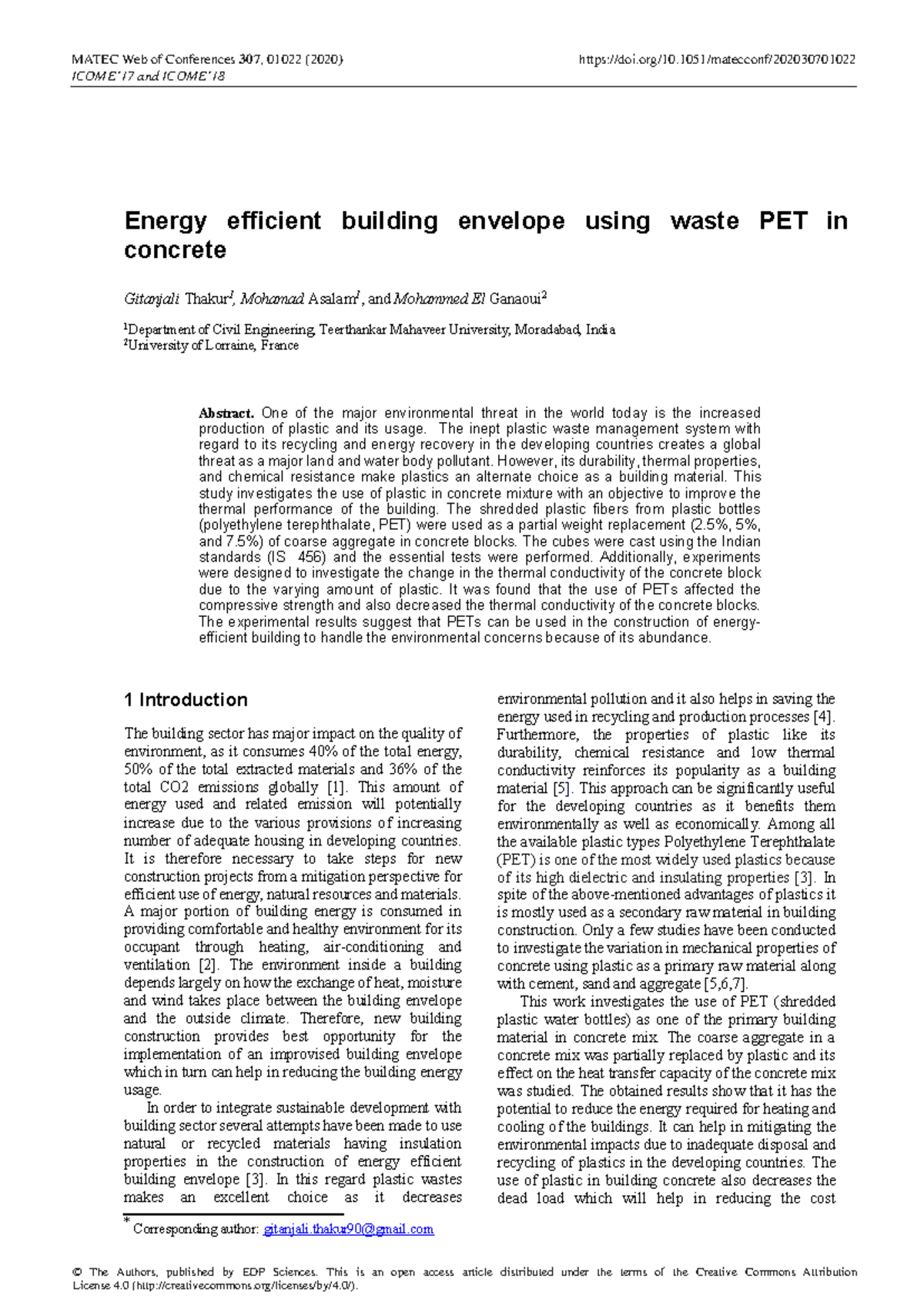 Energy Efficient Building Envelope with Waste PET in Concrete ICOME'17 ...