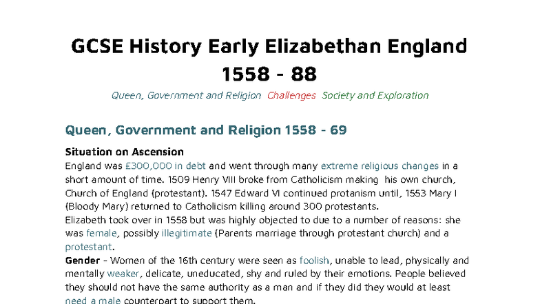 GCSE History: Early Elizabethan England (1558-1588) Overview - Studocu
