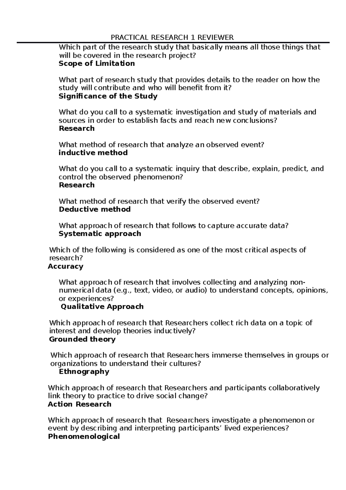 PRACTICAL RESEARCH 1: 1ST Quarterly Exam Reviewer Notes - Studocu