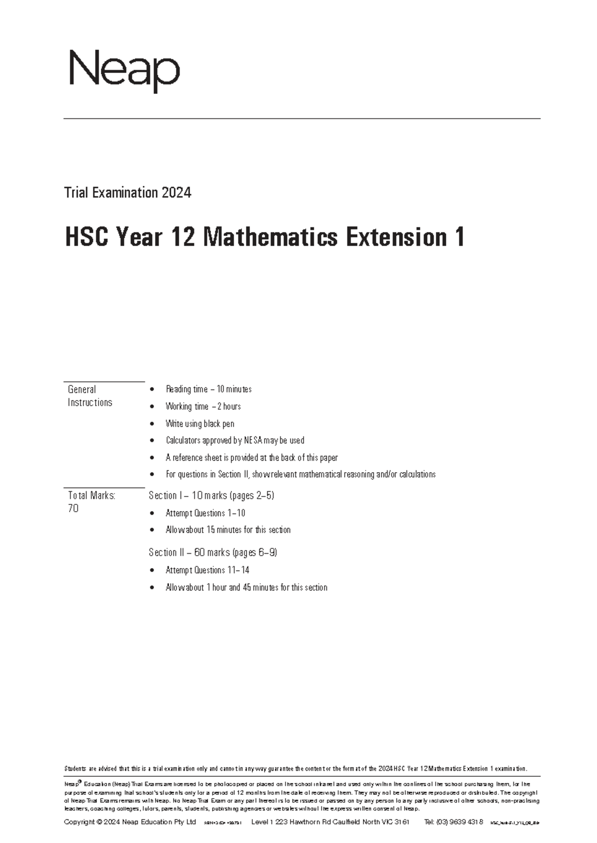 2024 HSC Year 12 Mathematics Extension 1 Trial Exam Q&A Booklet - Studocu