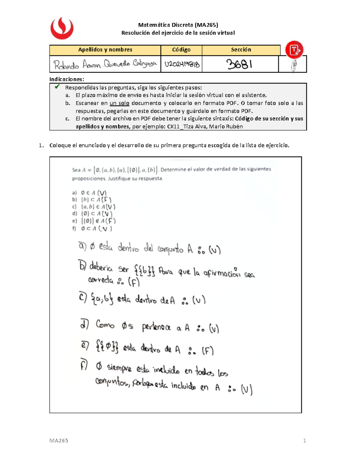 3681 Rolando Aaron, Quevedo Calizaya - MA 265 1 Matemática Discreta ...