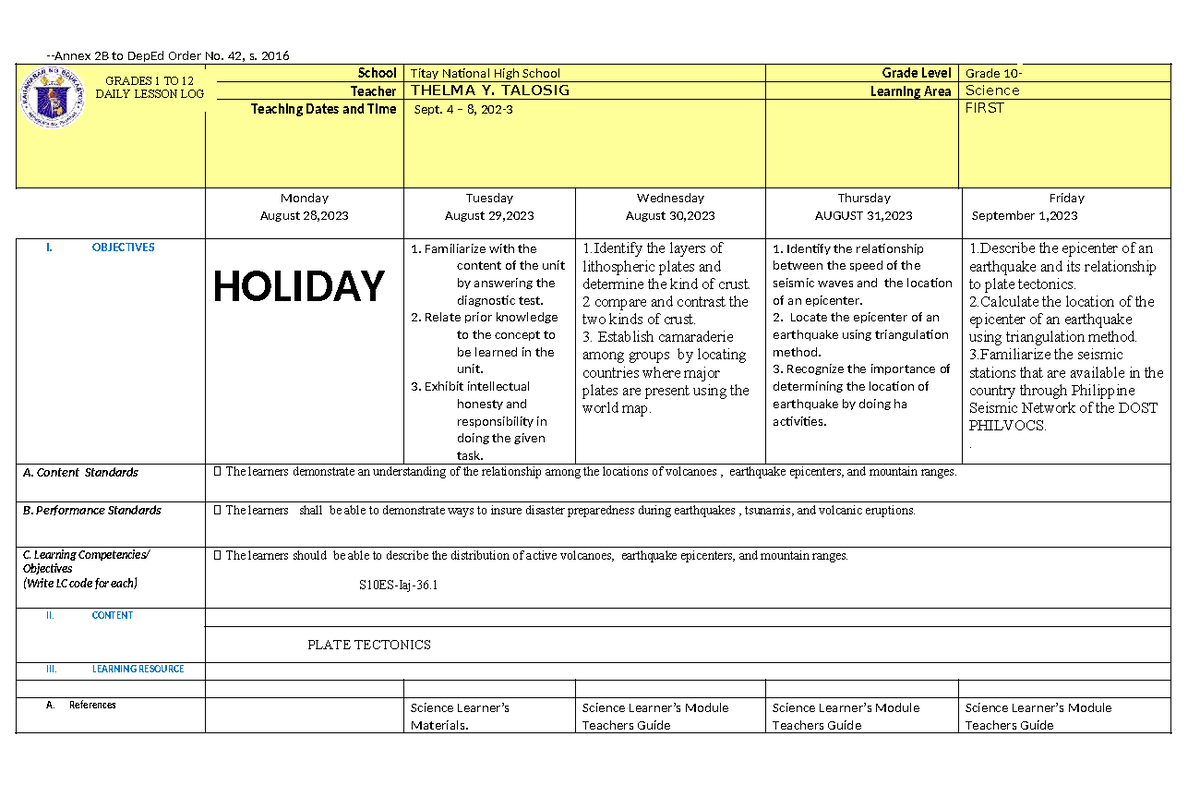 Grade 10 Science Daily Lesson Log (DLL) - Aug 28 - Sept 1, 2023 - Studocu