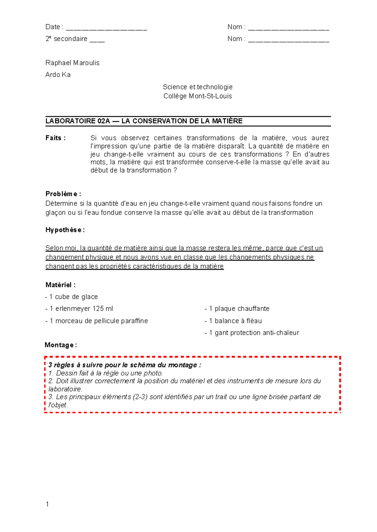 Laboratoire 02A : Conservation de la Matière et Changements d'État ...