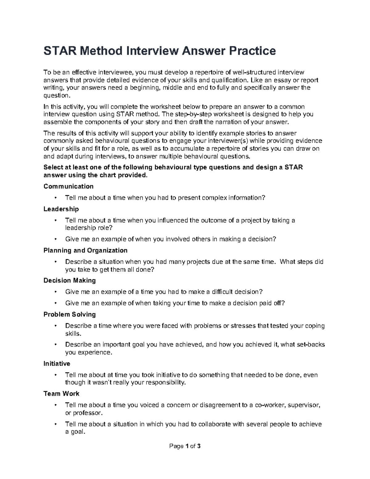 Starmethod Practice - Page 1 of 3 STAR Method Interview Answer Practice ...