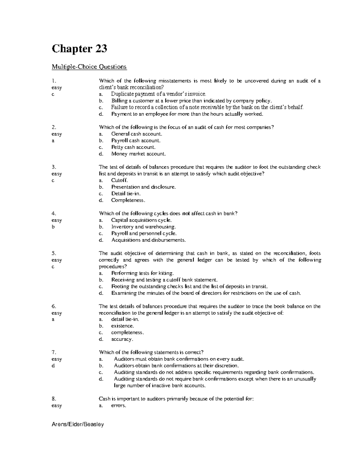 AUD - Audit of Cash - Multiple Choice & Essay Questions Review - Studocu