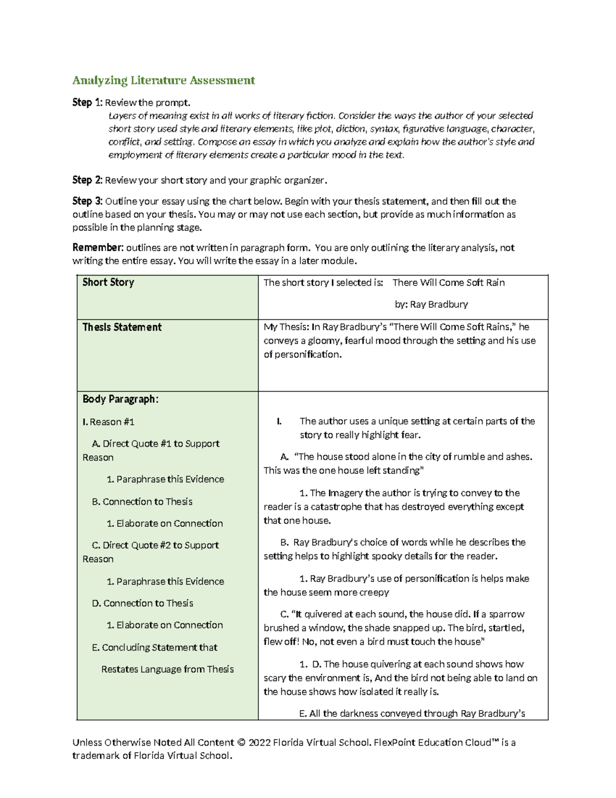 Analyzing Literature Assessment Rubric for "There Will Come Soft Rains ...