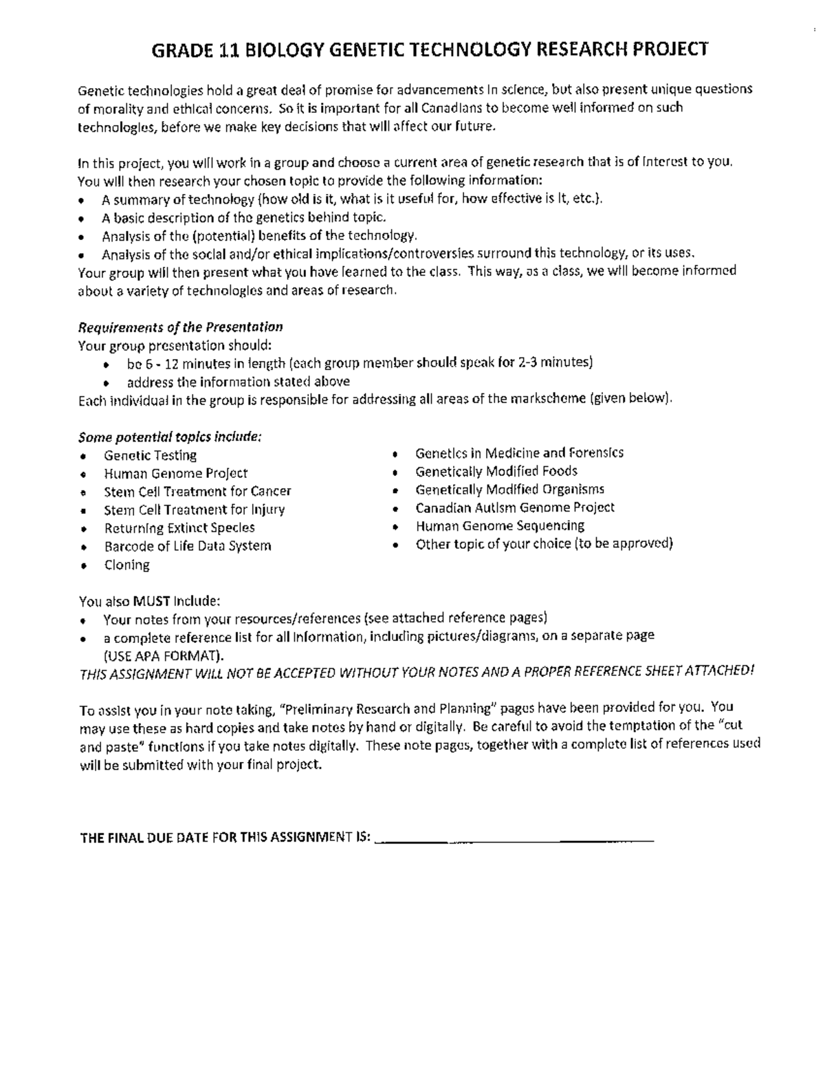 Genetic Technology Research Project - Grade 11 Biology - Studocu