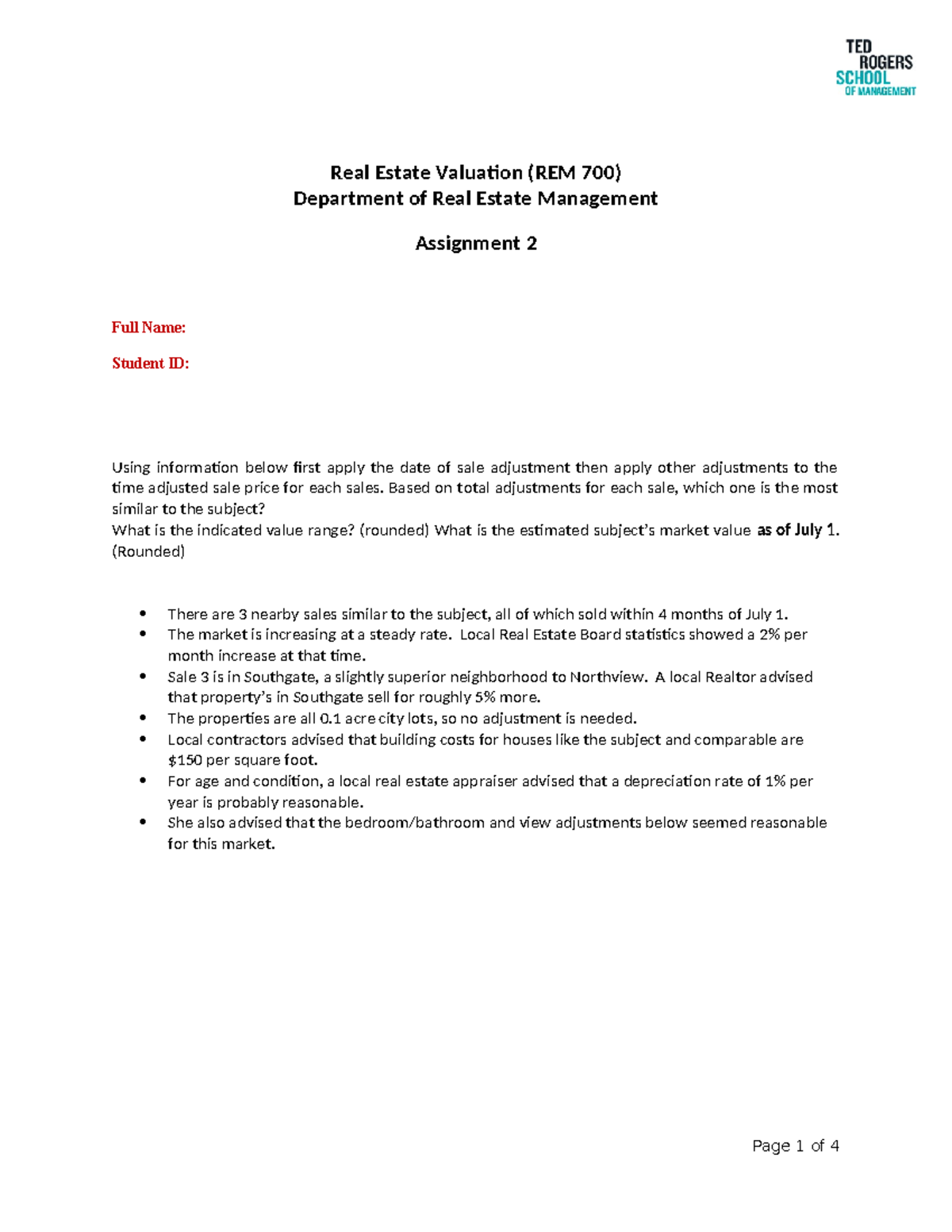 REM 700 - Real Estate Valuation Assignment 2: Sale Adjustments Analysis ...