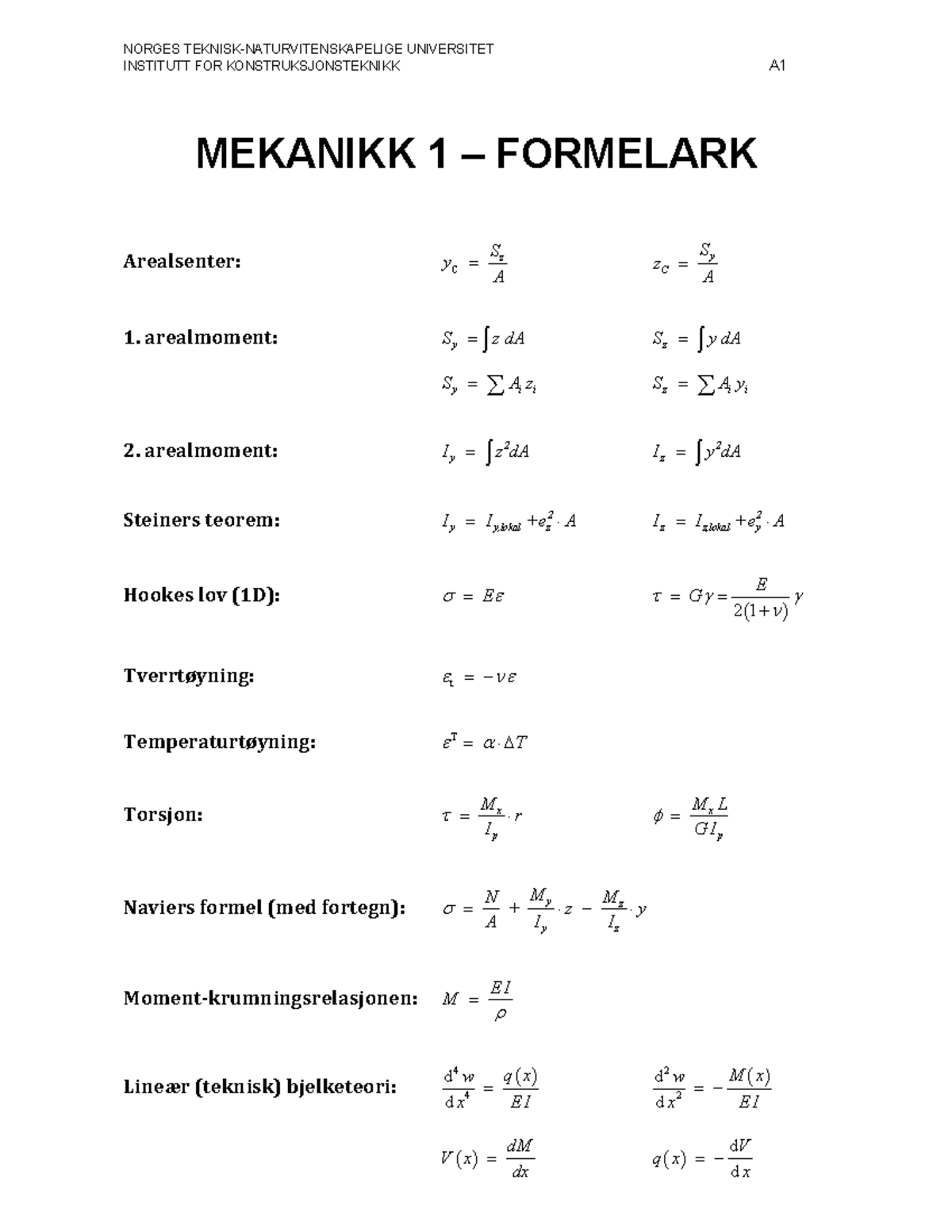 Mekanik 1 - Formelark for Konstruksjonsteknikk (2024) - Studocu