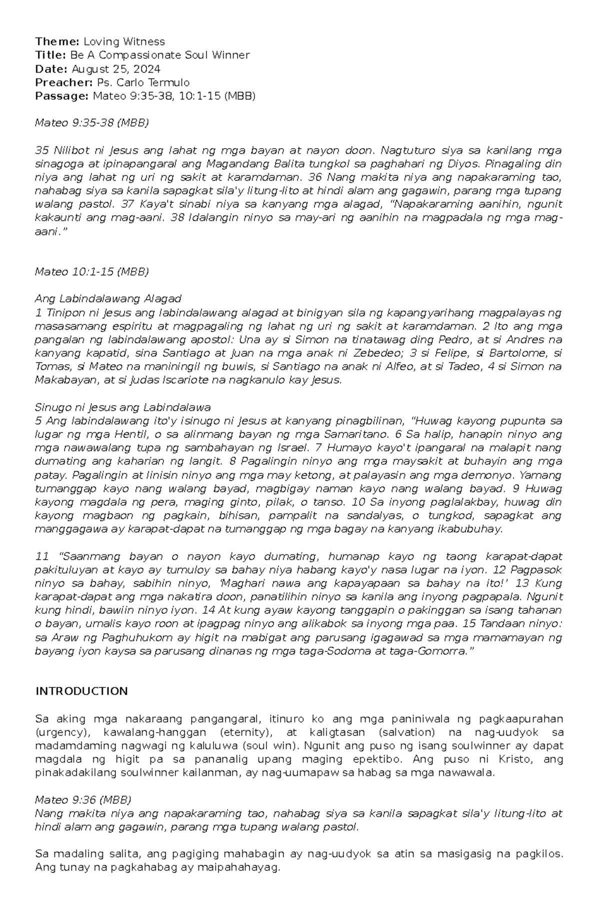 Maging Maawain: Pagsasakatuparan ng Soul Winning (Mateo 9:35-38) - Studocu