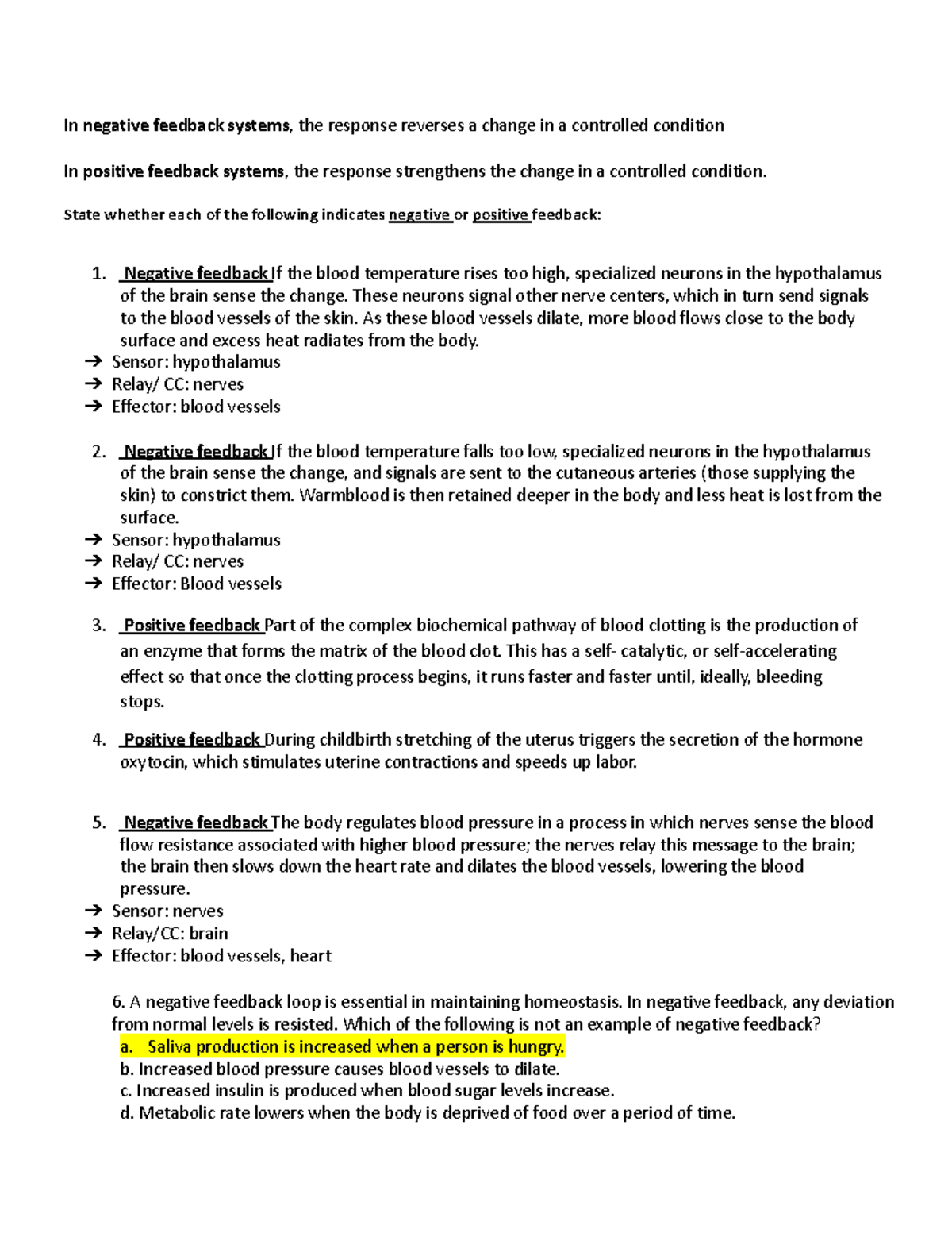 Homeostasis Worksheet: Feedback Loops Explained and Examples - Studocu