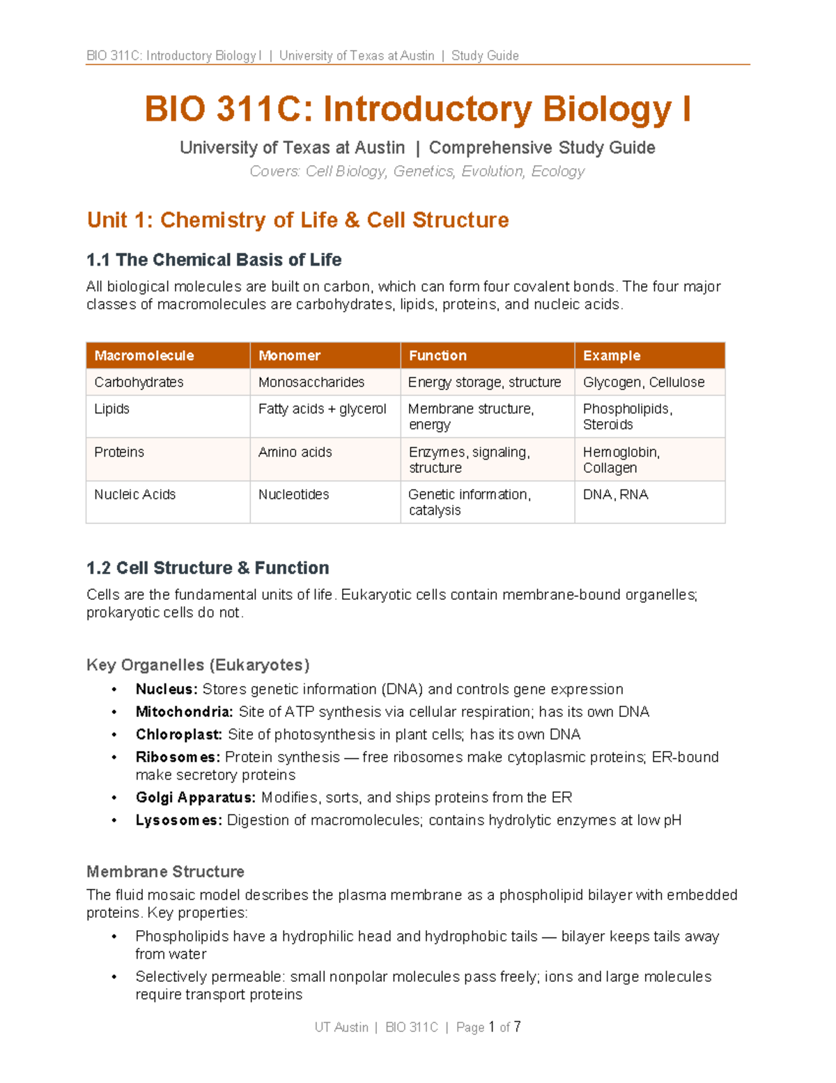 BIO 311C: Comprehensive Study Guide for Introductory Biology I - Studocu