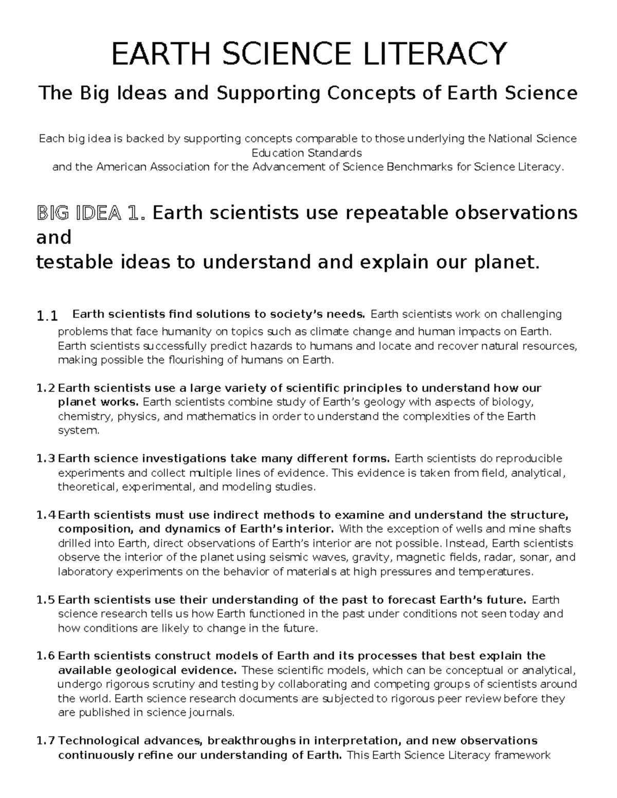 Earth Science Literacy: Key Concepts and Big Ideas Explained - Studocu