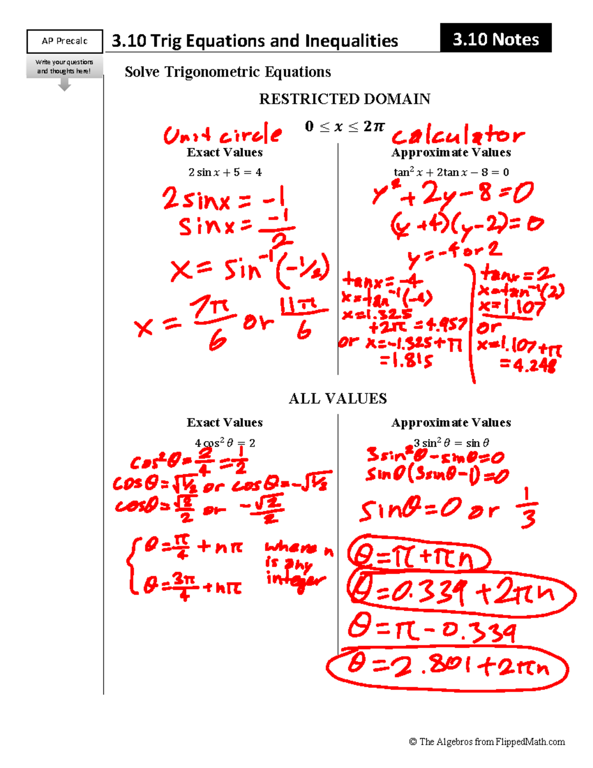 Ali Khan AP Precalc 3.10 Notes: Trig Equations & Inequalities - Studocu