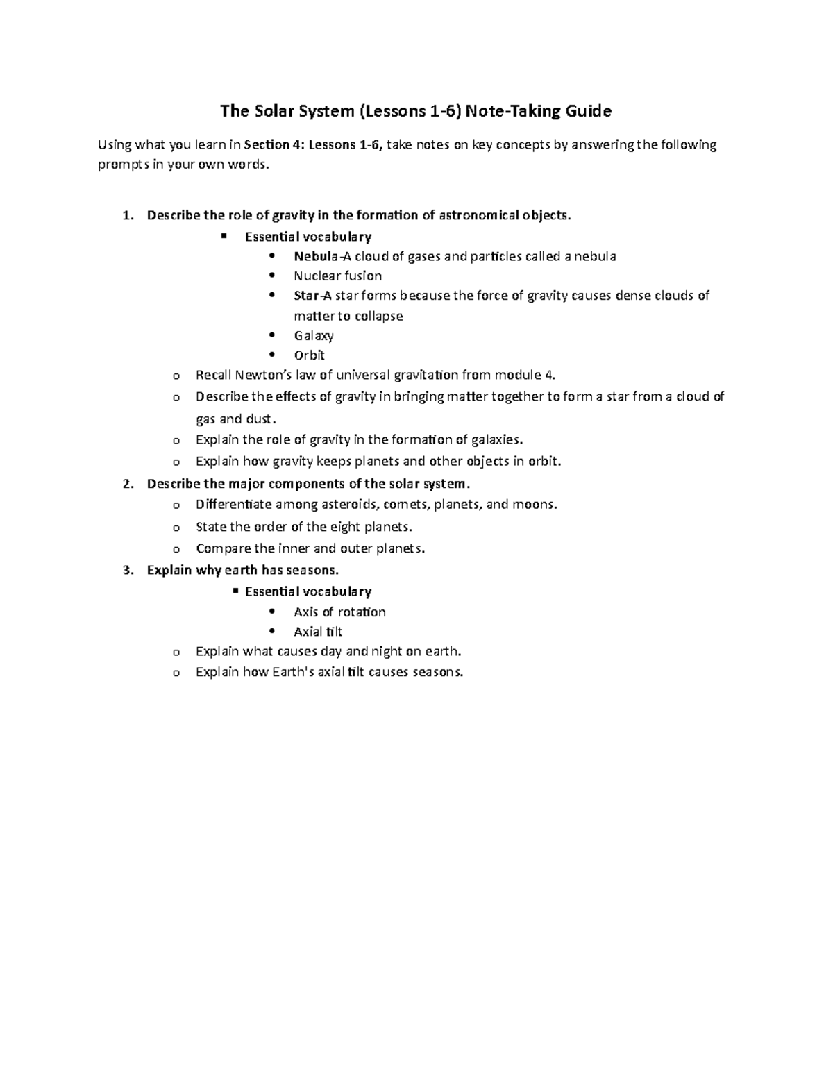 Section 4 the solar system (lessons 1-6) - The Solar System (Lessons 1-6) Note-Taking Guide ...