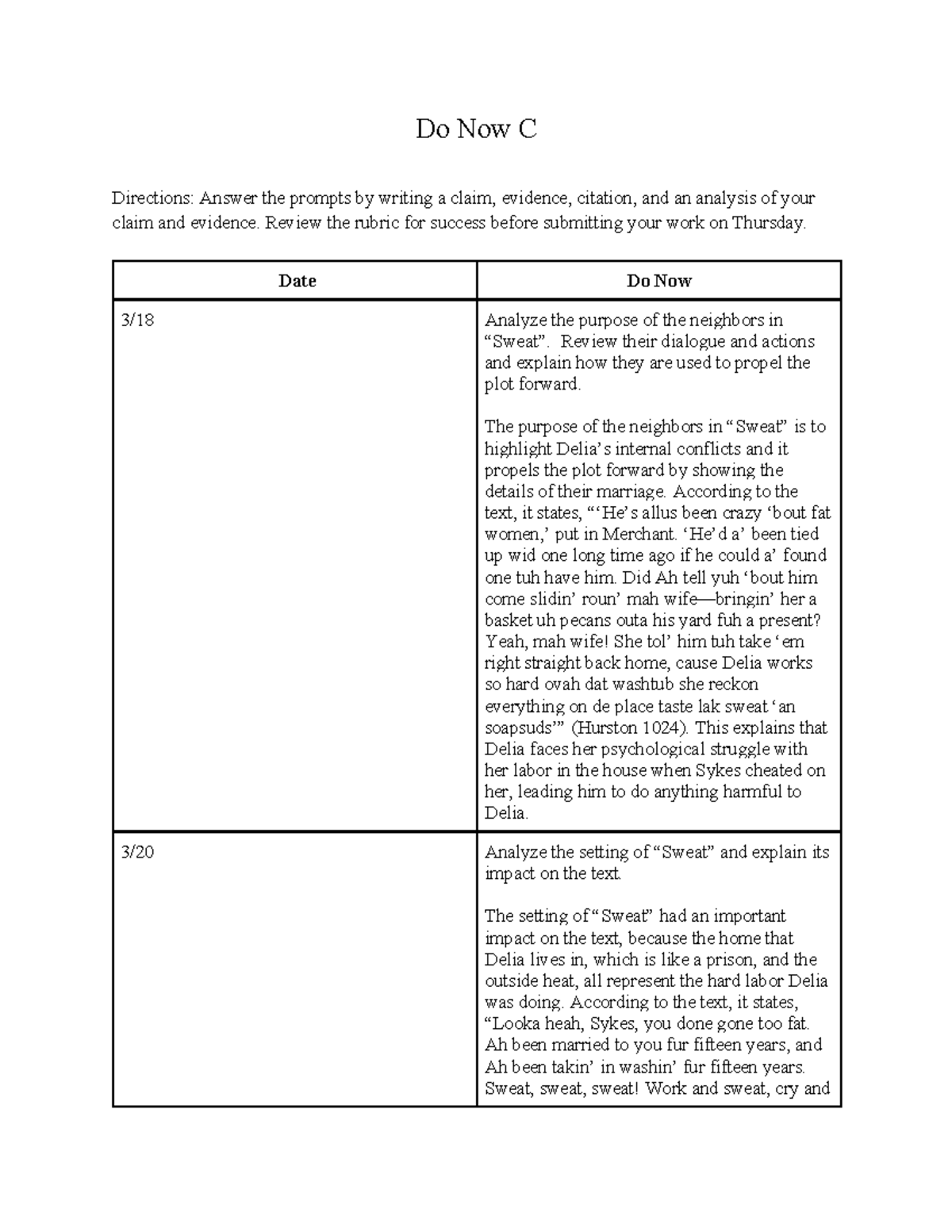 Kevin Dao - Do Now C: Analyzing "Sweat" and Its Characters - Studocu