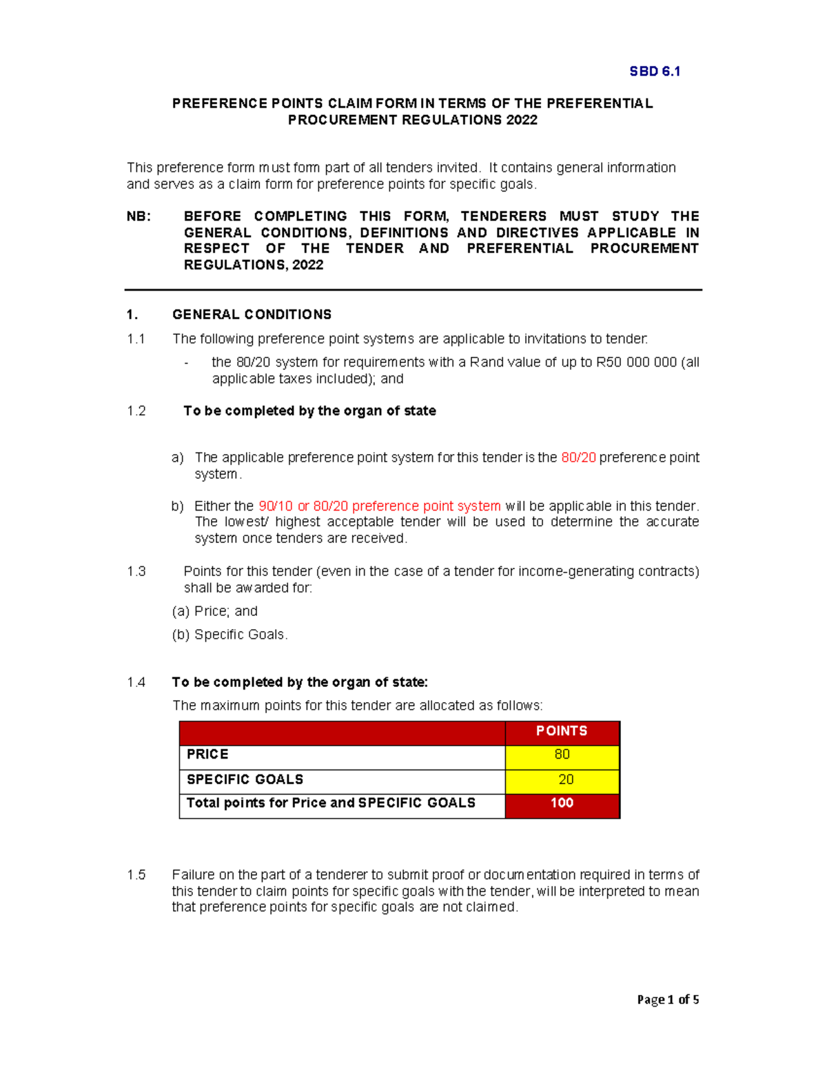 SBD 6.1 Preference Points Claim Form for Tenders (2022) - Studocu