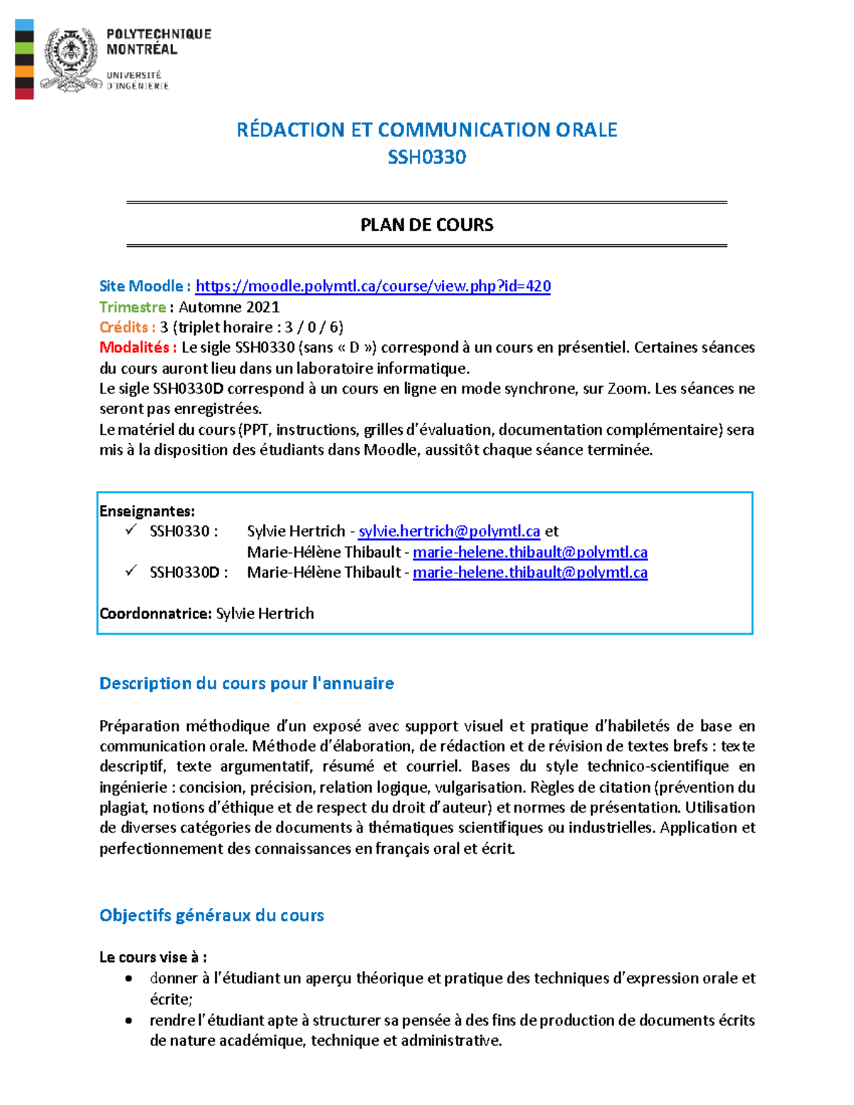 SSH0330 Plan de Cours - Rédaction et Communication Orale Automne 2021 ...