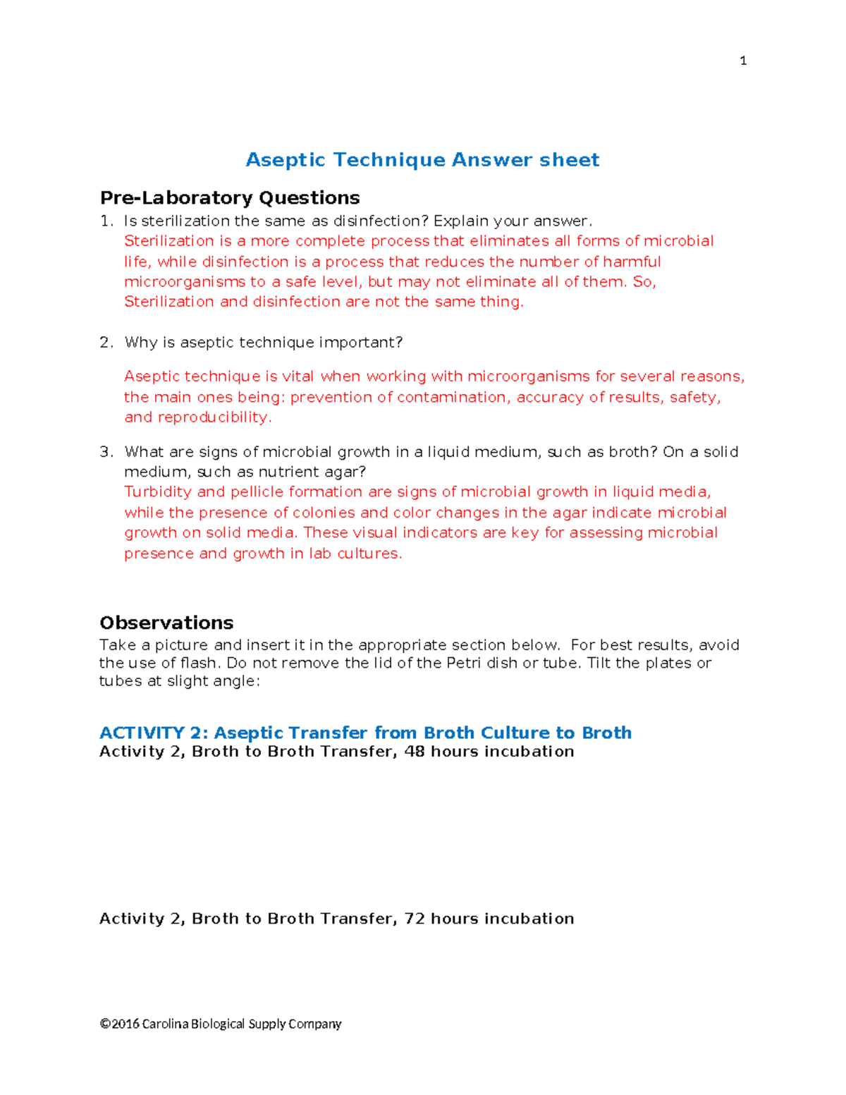 Aseptic Technique Lab Worksheet - Pre-Lab & Observations Guide - Studocu