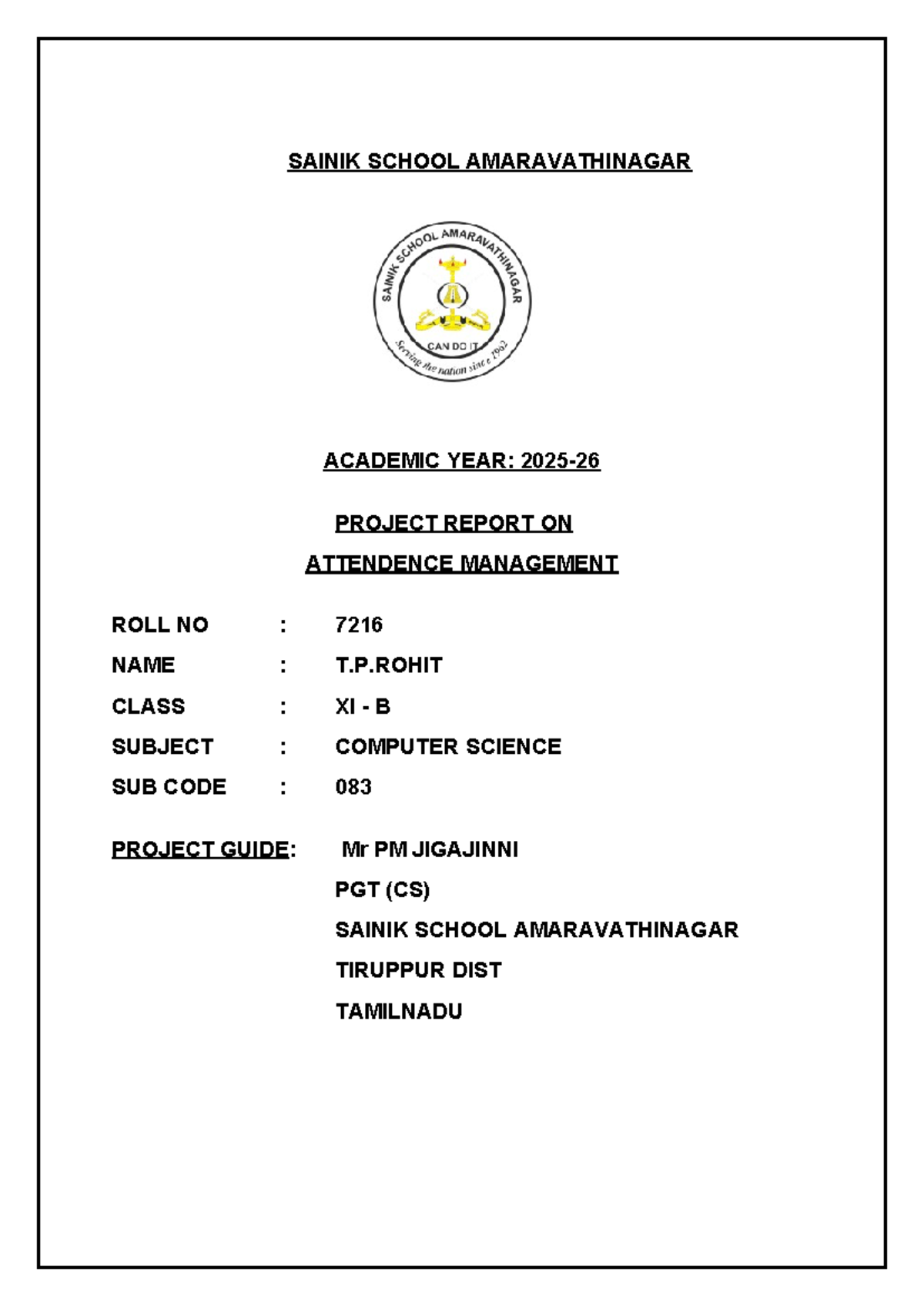 Attendance Management Project Report - Class XI (CS 083) - Studocu