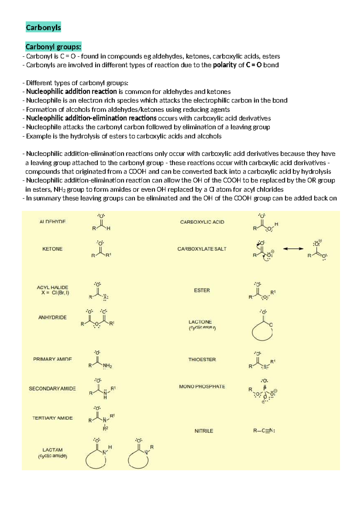 Carbonyls (CHEM 17) - Comprehensive Study Notes on Reactions and ...