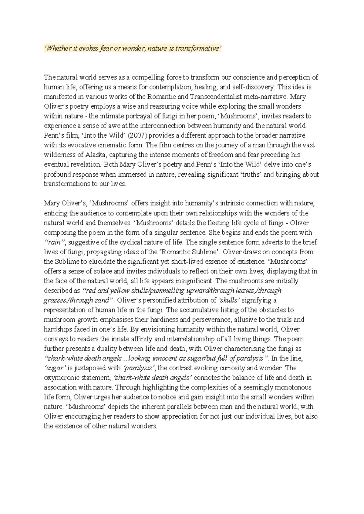 Practice English Essay: Nature's Wonders in "Into the Wild" & Mary ...