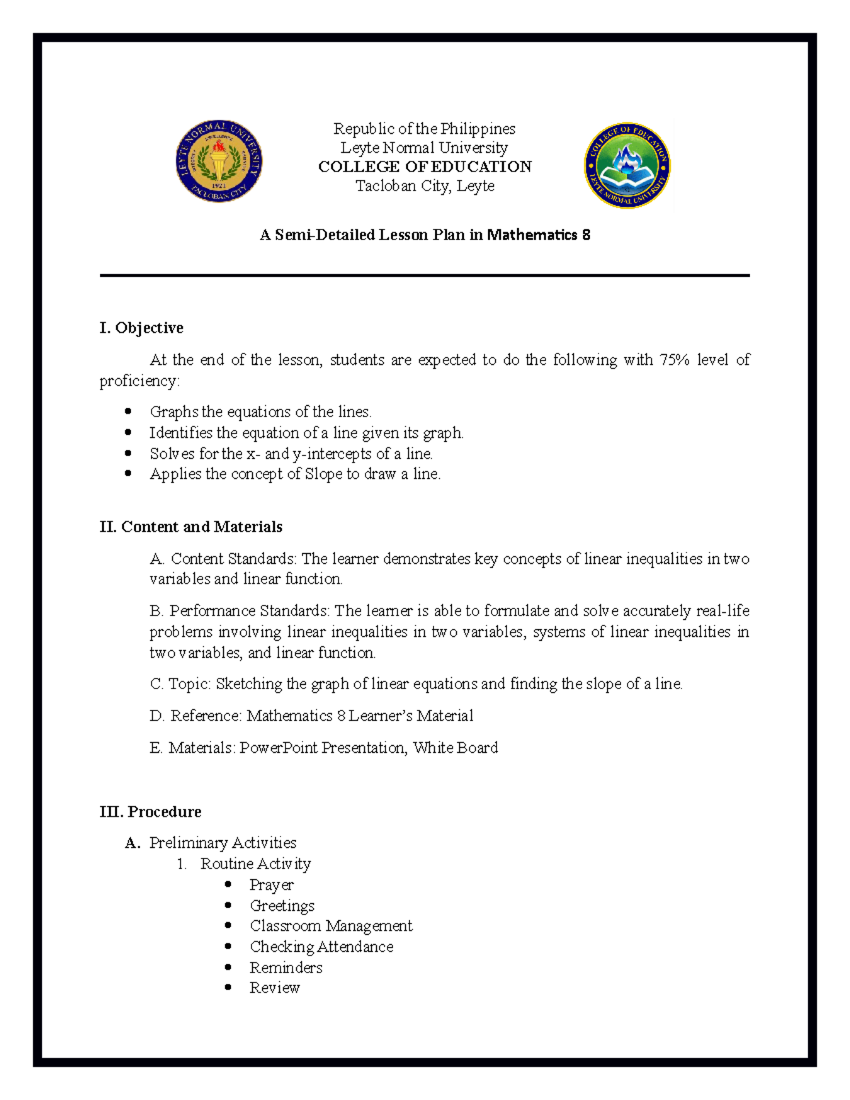 SEMI Detailed Lesson PLAN - Republic of the Philippines Leyte Normal ...