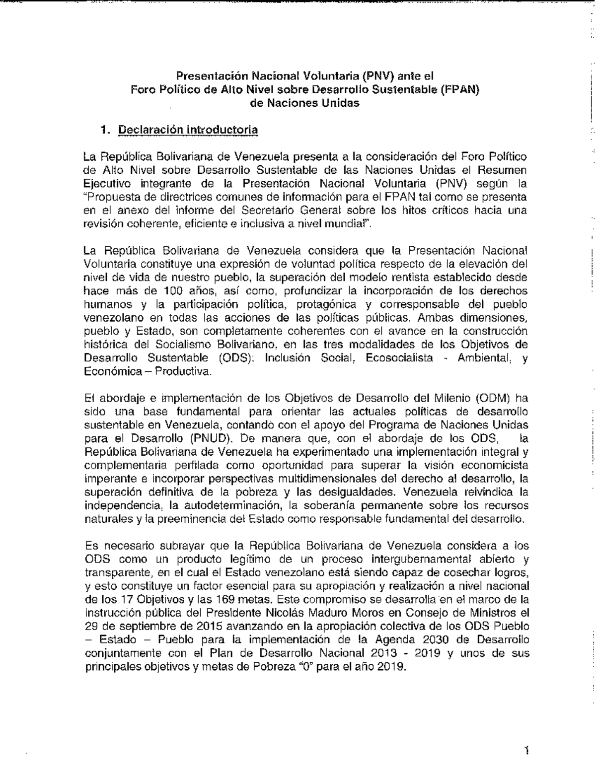Presentación Nacional Voluntaria de Venezuela ante el FPAN de la ONU ...