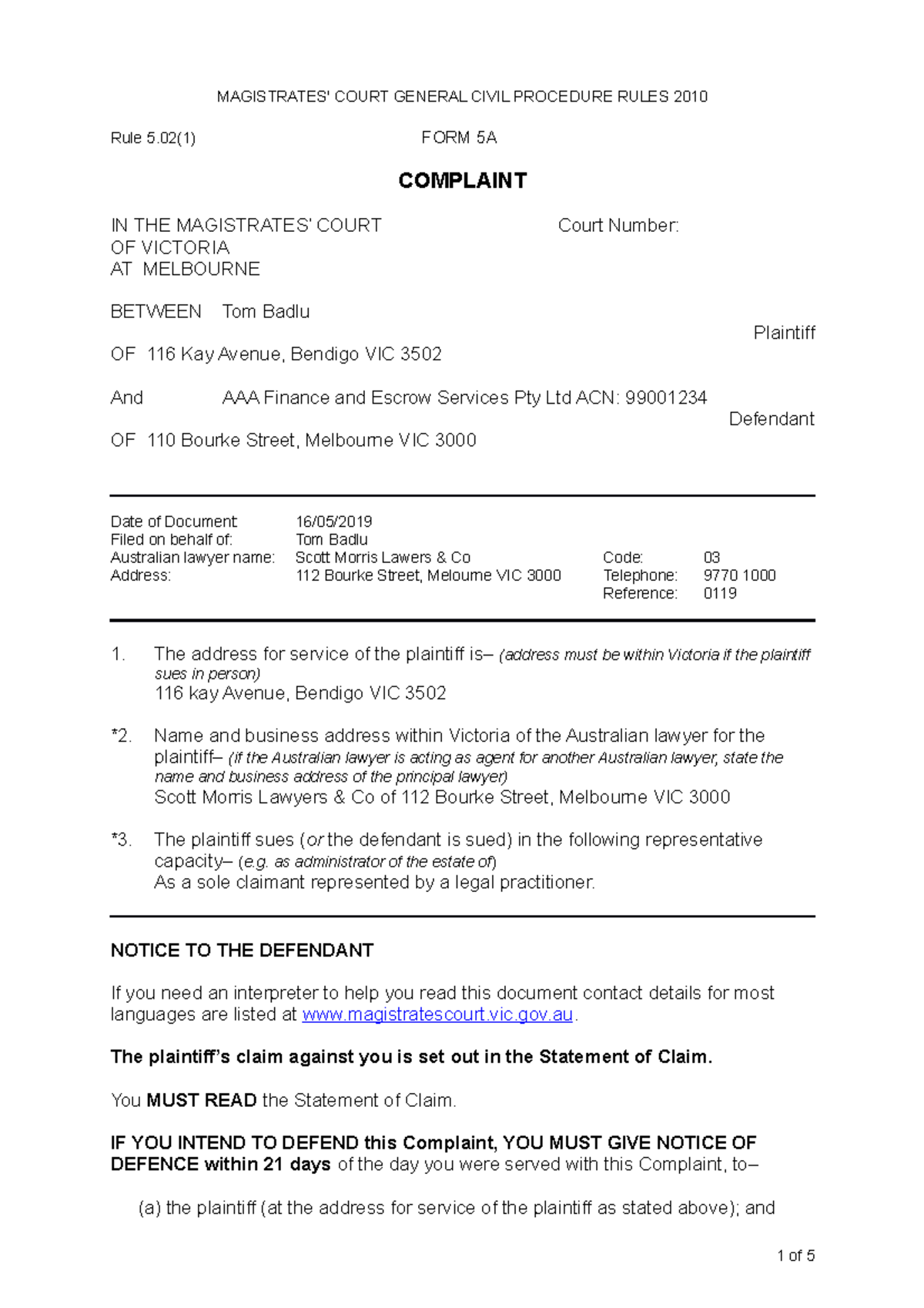 Form 5A Complaint - Magistrates' Court of Victoria (Rule 5.02(1)) - Studocu