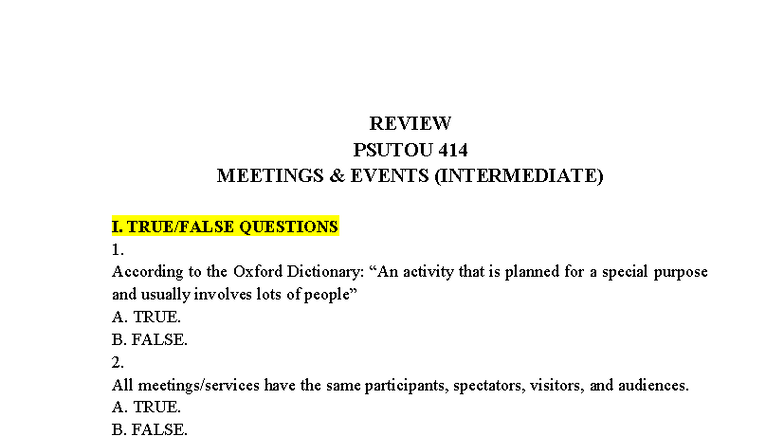 REVIEW PSUTOU 414 MEETINGS & EVENTS (INTERMEDIATE) - FINAL EXAM ...