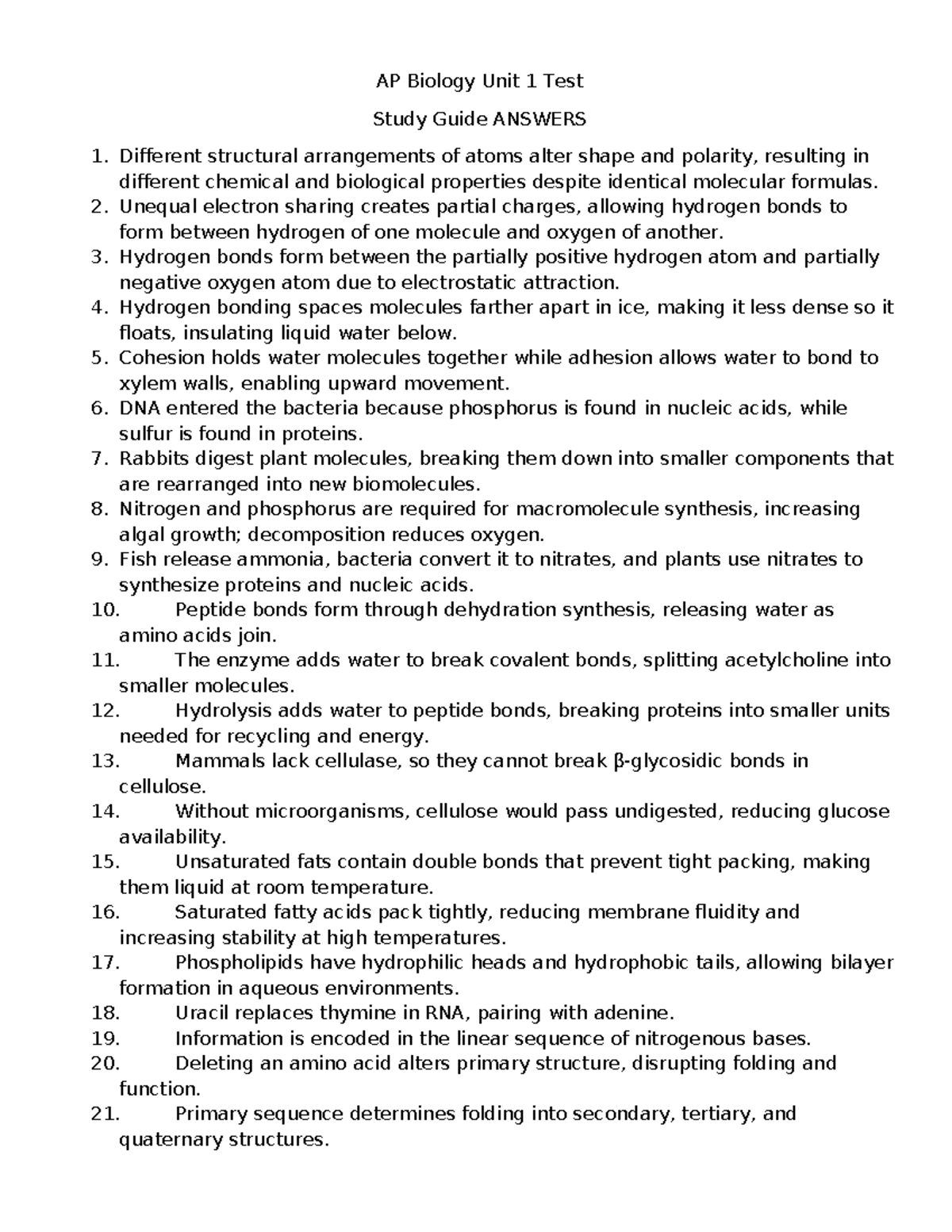 AP Biology Unit 1 Test Study Guide - Key Concepts & Answers - Studocu